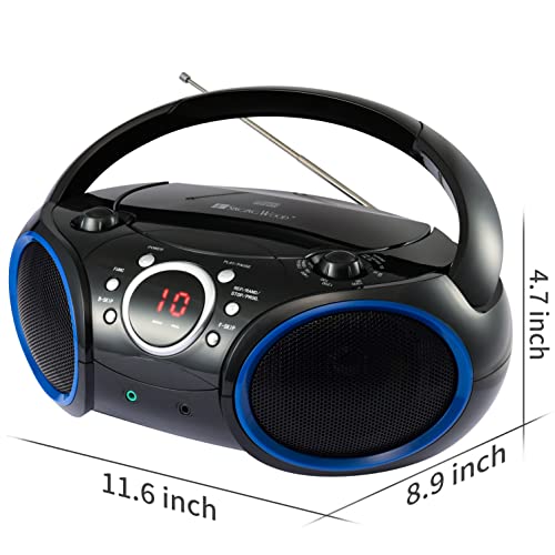 SINGING WOOD 030C Portable CD Player Boombox with AM FM Stereo Radio, Aux Line in, Headphone Jack, Supported AC or Battery Powered (Black with a Touch of Blue Rims)