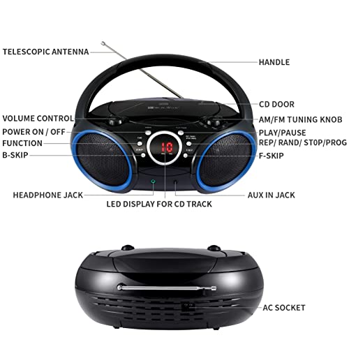 SINGING WOOD 030C Portable CD Player Boombox with AM FM Stereo Radio, Aux Line in, Headphone Jack, Supported AC or Battery Powered (Black with a Touch of Blue Rims)