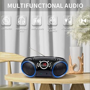 SINGING WOOD 030C Portable CD Player Boombox with AM FM Stereo Radio, Aux Line in, Headphone Jack, Supported AC or Battery Powered (Black with a Touch of Blue Rims)