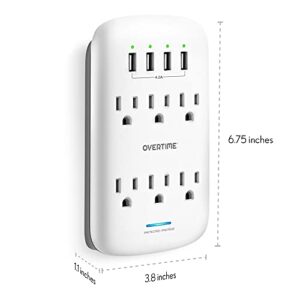 6 Outlet Extending Surge Protector, Multi Outlet Extender Wall Adapter with 4 USB Fast Charging Ports, 6 AC Outlets, Phone Mount, 1200J Surge Protection, ETL Certified (1-Pack, White)