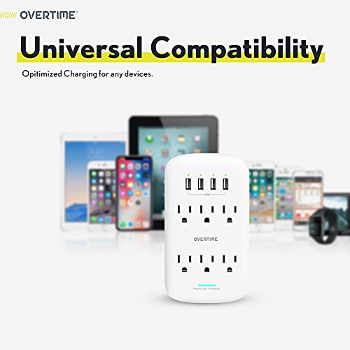 6 Outlet Extending Surge Protector, Multi Outlet Extender Wall Adapter with 4 USB Fast Charging Ports, 6 AC Outlets, Phone Mount, 1200J Surge Protection, ETL Certified (1-Pack, White)