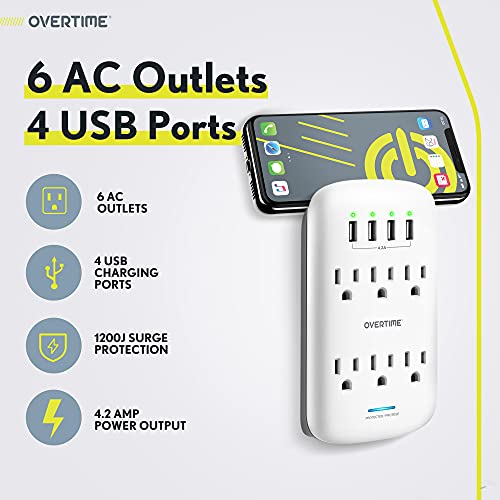 6 Outlet Extending Surge Protector, Multi Outlet Extender Wall Adapter with 4 USB Fast Charging Ports, 6 AC Outlets, Phone Mount, 1200J Surge Protection, ETL Certified (1-Pack, White)