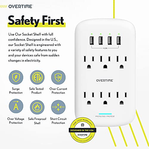 6 Outlet Extending Surge Protector, Multi Outlet Extender Wall Adapter with 4 USB Fast Charging Ports, 6 AC Outlets, Phone Mount, 1200J Surge Protection, ETL Certified (1-Pack, White)