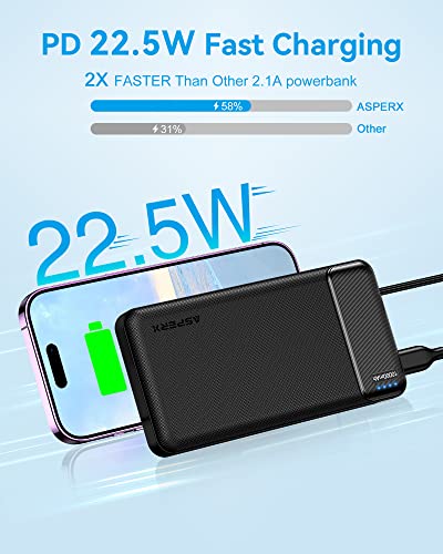 AsperX Portable Charger, PD 22.5W 10000mAh USB C Power Bank Fast Charging, Daul Output Portable Phone Charger Battery Pack Charger Portable for iPhone 14/13/12/11, Samsung S21/22 Google iPad and More