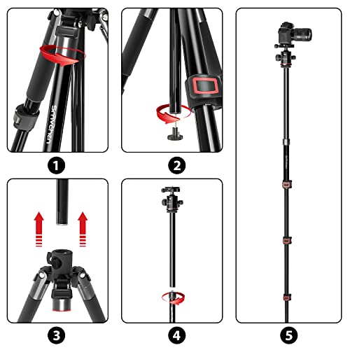 Portable and Stable Smvchen 70" Axis Horizontal Tripod Monopod for DSLR Cameras and Phone with 360°Ball Head and Rotatable Center Column 5-Section Aluminum Alloy Tripod Max. Load Capacity 10kg(Red)