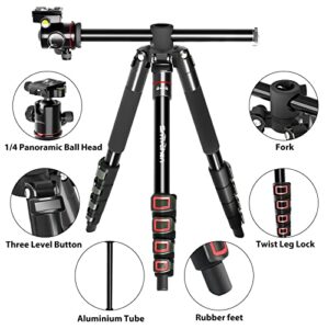 Portable and Stable Smvchen 70" Axis Horizontal Tripod Monopod for DSLR Cameras and Phone with 360°Ball Head and Rotatable Center Column 5-Section Aluminum Alloy Tripod Max. Load Capacity 10kg(Red)