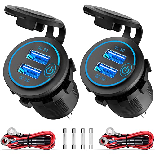 [2 Pack] 12V USB Outlet, Quick Charge 3.0 Dual USB Power Outlet with Touch Switch, Waterproof 12V/24V Fast Charge USB Charger Socket DIY Kit for Car Boat Marine Bus Truck Golf Cart RV Motorcycle, etc.