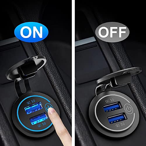 [2 Pack] 12V USB Outlet, Quick Charge 3.0 Dual USB Power Outlet with Touch Switch, Waterproof 12V/24V Fast Charge USB Charger Socket DIY Kit for Car Boat Marine Bus Truck Golf Cart RV Motorcycle, etc.