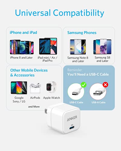 USB C Charger, Anker 3-Pack Fast Charger with Foldable Plug, PowerPort III 20W Cube Charger for iPhone 14/14 Plus/14 Pro/14 Pro Max/13, Galaxy, Pixel 4/3, iPad/iPad Mini, and More (Cable not Included)