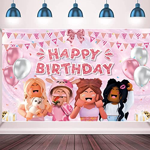 AICHENGZI Girl Game Party Birthday Banner,Sandbox Game Party Supplies Decorations Pink Girl Robot Blocks Backdrop (6FTx4FT)