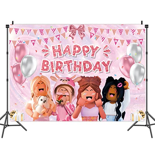 AICHENGZI Girl Game Party Birthday Banner,Sandbox Game Party Supplies Decorations Pink Girl Robot Blocks Backdrop (6FTx4FT)