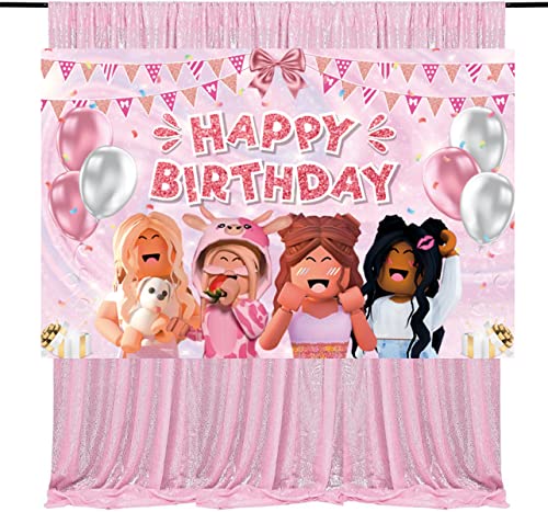 AICHENGZI Girl Game Party Birthday Banner,Sandbox Game Party Supplies Decorations Pink Girl Robot Blocks Backdrop (6FTx4FT)