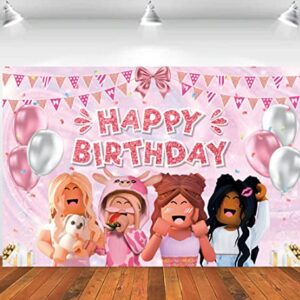 AICHENGZI Girl Game Party Birthday Banner,Sandbox Game Party Supplies Decorations Pink Girl Robot Blocks Backdrop (6FTx4FT)