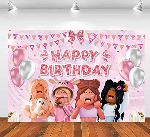 AICHENGZI Girl Game Party Birthday Banner,Sandbox Game Party Supplies Decorations Pink Girl Robot Blocks Backdrop (6FTx4FT)