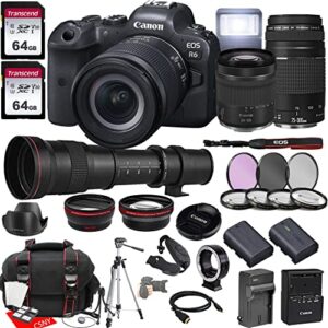 canon eos r6 mirrorless camera w/rf 24-105mm f/4-7.1 is stm lens + ef 75-300mm f/4-5.6 iii lens + 420-800mm f/8.3 hd telephoto lens + 2x 64gb memory, hood, case, filters, tripod, more (35pc bundle)