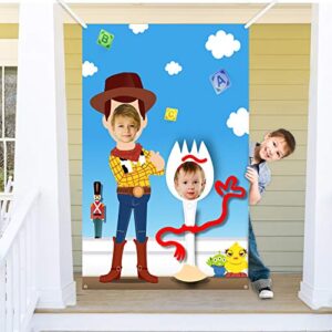 ticiaga toy 4th photo door banner, large fabric fork face photography banner background, pretend play party game photo props backdrop props, toy inspired story theme party favor supplies