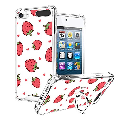 OOK Compatible with iPod Touch 7/6/5 Generation Case Ring Holder for Girls Woman,Soft TPU Bumper PC Back Shockproof Protective Case-Strawberry