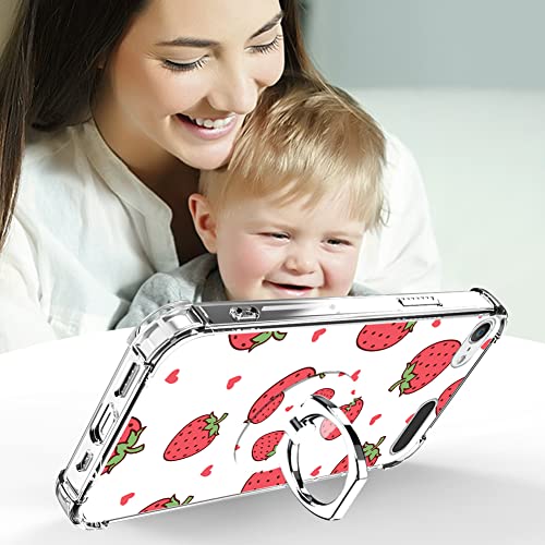 OOK Compatible with iPod Touch 7/6/5 Generation Case Ring Holder for Girls Woman,Soft TPU Bumper PC Back Shockproof Protective Case-Strawberry