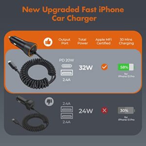 32W iPhone Car Charger - UNBREAKcable [PD 20W Quick Charge] [Apple MFI C94 Certified] Phone Cigarette Lighter with Built-in Coiled Lightning Cable for Apple iPhone 14/13/12/11/Xs/XS Max/XR/X/8