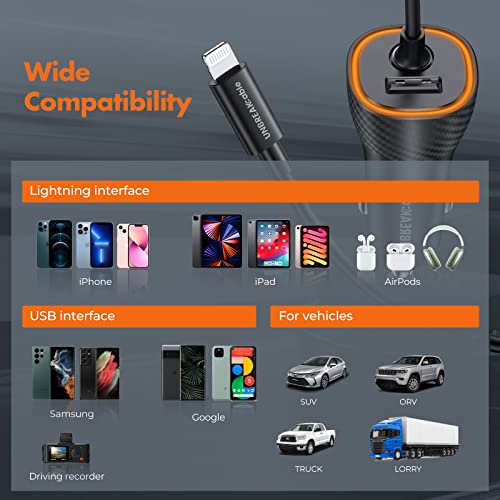 32W iPhone Car Charger - UNBREAKcable [PD 20W Quick Charge] [Apple MFI C94 Certified] Phone Cigarette Lighter with Built-in Coiled Lightning Cable for Apple iPhone 14/13/12/11/Xs/XS Max/XR/X/8