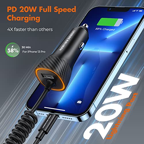 32W iPhone Car Charger - UNBREAKcable [PD 20W Quick Charge] [Apple MFI C94 Certified] Phone Cigarette Lighter with Built-in Coiled Lightning Cable for Apple iPhone 14/13/12/11/Xs/XS Max/XR/X/8