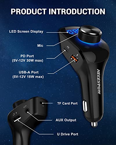 NECESPOW Bluetooth FM Transmitter for Car, Bluetooth 5.0 Car Adapter w/AUX Cable, MP3 Player Wireless Radio Receiver Car Kit Support 48W(USB-C PD+QC3.0)/AUX/TF Card/U-Disk