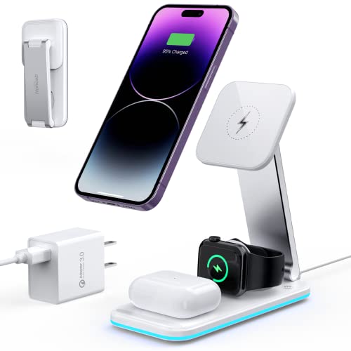 Upgraded Mag-Safe Charger-Hohosb 3 in 1 Mag-Safe Charging Station,Magnetic Foldable Charging Stand Compatible with iPhone 12/13/14 Series,AirPods Pro/2/3,iWatch 7/6/SE/5/4/3/2(18W Adapter Included)