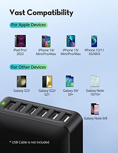 USB Charger 60W USB Charging Hub 12A 6-Port Desktop USB Charging Station with Multiple Port Compatible with iPhone 14 Pro Max 13 Pro Max Mini 12 Pro Max, iPad Pro Air Galaxy S23 Edge Note Tablet Black