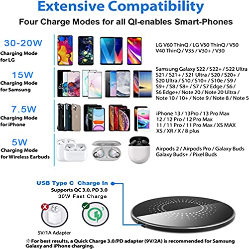 30W Wireless Charger Pad, Wireless Charger 30W, Fast Wireless Charger, Qi Wireless Charging Compatible with Samsung Galaxy S22/S22+/S21/S20/S10, Fast Charger Compatible with iPhone 13/12/11 Series