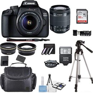 canon eos 4000d digital slr camera w/ 18-55mm dc iii lens kit (black) with accessory bundle, package includes: sandisk 32gb card + dslr bag + 50’’ tripod+ inspire digital cloth (international model)