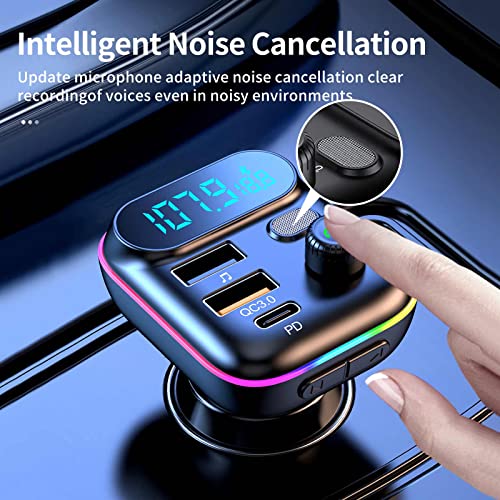 Bluetooth Adapter for Car, Wireless FM Radio Transmitter, Wireless Bluetooth 5.0, MP3 Music Player, QC3.0 + PD 20W USB Car Charger, 7 Colors LED Backlit