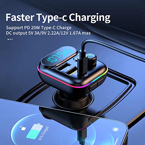 Bluetooth Adapter for Car, Wireless FM Radio Transmitter, Wireless Bluetooth 5.0, MP3 Music Player, QC3.0 + PD 20W USB Car Charger, 7 Colors LED Backlit