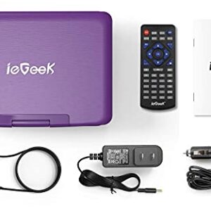 ieGeek Portable DVD Player 12.5", with 10.5" HD Swivel Screen, Car Travel DVD Players 5 Hrs Rechargeable Battery, Region-Free Video Player for Kids Elderly, Remote Control, Sync TV, USB&SD, Purple