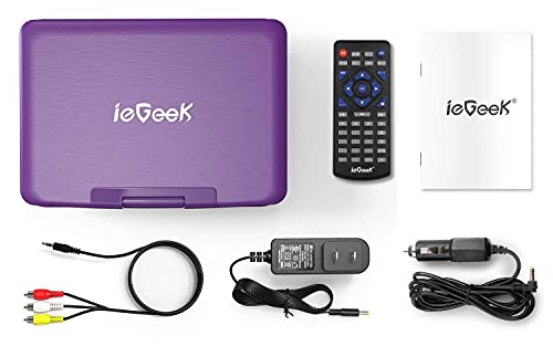 ieGeek Portable DVD Player 12.5", with 10.5" HD Swivel Screen, Car Travel DVD Players 5 Hrs Rechargeable Battery, Region-Free Video Player for Kids Elderly, Remote Control, Sync TV, USB&SD, Purple