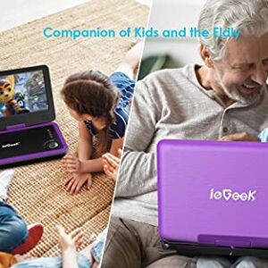 ieGeek Portable DVD Player 12.5", with 10.5" HD Swivel Screen, Car Travel DVD Players 5 Hrs Rechargeable Battery, Region-Free Video Player for Kids Elderly, Remote Control, Sync TV, USB&SD, Purple