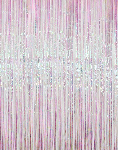 GOER 6.4 ft x 9.8 ft Metallic Tinsel Foil Fringe Curtains,Pack of 2 Party Streamer Backdrop for Unicorn Birthday,Graduation Decorations and New Year Eve (Iridescent)