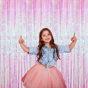 GOER 6.4 ft x 9.8 ft Metallic Tinsel Foil Fringe Curtains,Pack of 2 Party Streamer Backdrop for Unicorn Birthday,Graduation Decorations and New Year Eve (Iridescent)