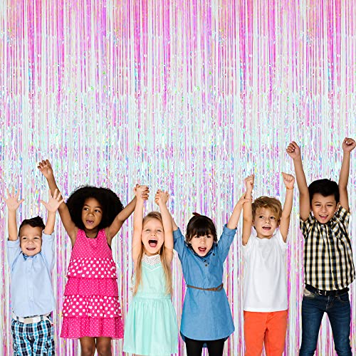 GOER 6.4 ft x 9.8 ft Metallic Tinsel Foil Fringe Curtains,Pack of 2 Party Streamer Backdrop for Unicorn Birthday,Graduation Decorations and New Year Eve (Iridescent)