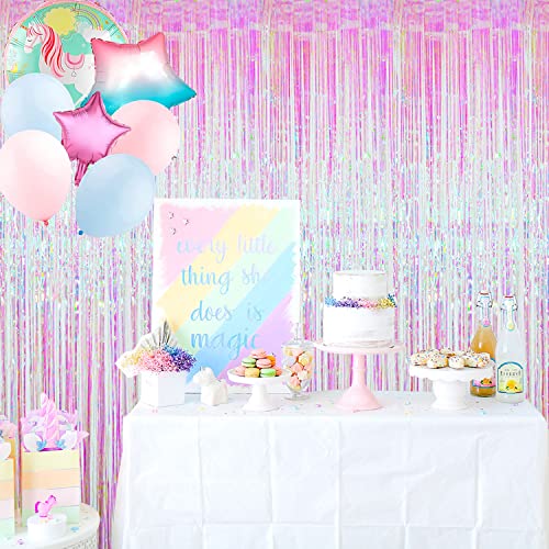 GOER 6.4 ft x 9.8 ft Metallic Tinsel Foil Fringe Curtains,Pack of 2 Party Streamer Backdrop for Unicorn Birthday,Graduation Decorations and New Year Eve (Iridescent)