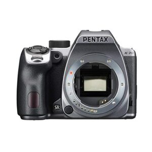 pentax k-70 24mp fhd digital slr camera body silver – bundle w/32gb sdhc u3 card, holster case, spare battery, tripod, cleaning kit, memory wallet, card reader, triple shoe v bracket, software pack