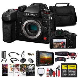 panasonic lumix gh6 mirrorless camera (dc-gh6body) + 4k monitor + rode videomic + sony 64gb tough sd card + card reader + led light + corel photo software + case + flex tripod + hand strap + more