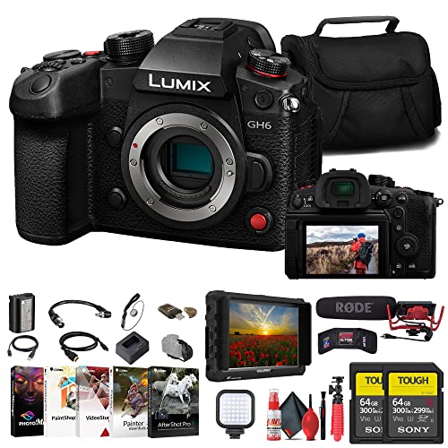 Panasonic Lumix GH6 Mirrorless Camera (DC-GH6BODY) + 4K Monitor + Rode VideoMic + Sony 64GB Tough SD Card + Card Reader + LED Light + Corel Photo Software + Case + Flex Tripod + Hand Strap + More