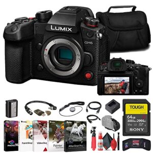 panasonic lumix gh6 mirrorless camera (dc-gh6body) + sony 64gb tough sd card + card reader + corel photo software + case + flex tripod + hand strap + memory wallet + cap keeper + more