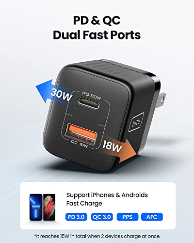 USB C Charger, INIU 30W PD QC 3.0 Dual Port Type C Charger Fast Charging Block, USB C Wall Charger with Foldable Plug for iPhone 14 13 12 11 Pro Max Samsung S21 S20 Note 20 iPad Pro Google LG AirPods