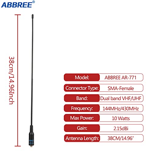 ABBREE AR-771 14.96Inch SMA-Female Dual Band VHF/UHF High Gain Soft Whip Antenna for Baofeng UV-5R(All),BF-F8HP, BF-F8TD,UV-82(All) BF-888S UV-10R BF-H6/H7 TP-8Plus Kenwood Two Way Radio