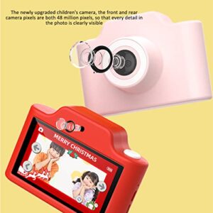 QSYY Children's Camera Dual Lens 48 MP High-Definition 3.0-Inch IPS Screen with Stickers and Cartoon Protective Cover, Data Cable Lanyard, Gifts for Boys and Girls,Pink