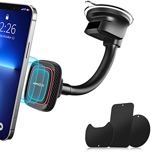 APPS2Car Magnetic Car Phone Holder Mount with 6 Strong Magnets, Windshield Phone Magnetic Holder, Suction Cup Phone Holder for Car, Dashboard Magnet Holder, fit Most Smartphones & Mini Tablets