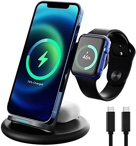 3 in 1 Wreless Charging Station for Apple Phone and Watch, iQouda Wireless Phone Charger Stand for Apple iPhone/AirPods Pro/iWatch and Qi Certified Phone