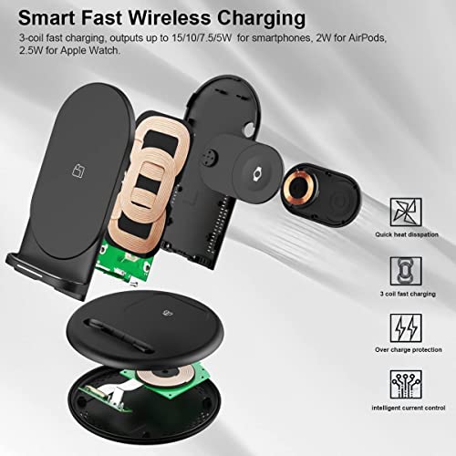 3 in 1 Wreless Charging Station for Apple Phone and Watch, iQouda Wireless Phone Charger Stand for Apple iPhone/AirPods Pro/iWatch and Qi Certified Phone