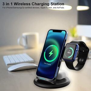 3 in 1 Wreless Charging Station for Apple Phone and Watch, iQouda Wireless Phone Charger Stand for Apple iPhone/AirPods Pro/iWatch and Qi Certified Phone